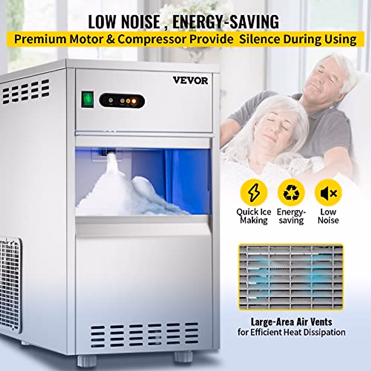 VEVOR 110V Commercial Snowflake Ice Maker 44LBS/24H, ETL Approved Food Grade Stainless Steel Flake Ice Machine Freestanding Flake Ice Maker for Seafood Restaurant, Scoop Included