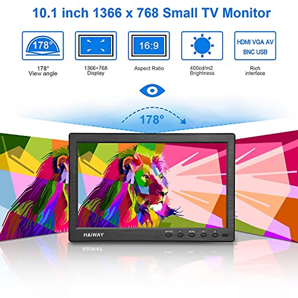 Haiway 10.1 inch Security Monitor, 1366x768 Resolution Small HDMI Monitor Small Portable Monitor with Remote Control with Built-in Dual Speakers HDMI VGA BNC USB Input for Gaming CCTV Raspberry Pi PC