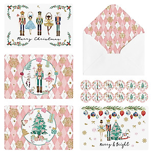 Artoid Mode 36 Pack Merry Christmas Thank You Cards Snowflake Holly Nutcrackers Greeting Cards Gift With Envelope Sticker Blank Note Cards for Birthday Wedding Baby Shower Bridal Shower, 4 x 6 Inch