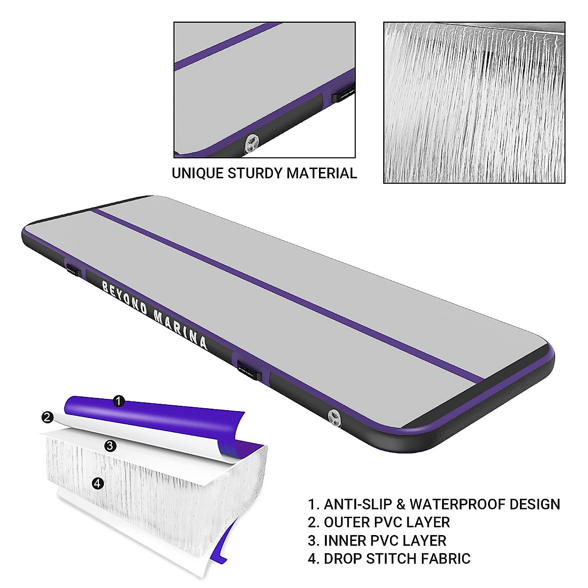 BEYOND MARINA Air Gymnastics Tumble Track 4/8 inches Thickness Inflatable Tumbling 10ft/13ft/16ft/20ft Air Mats for Home Use Training/Cheerleading/Yoga with Electric Pump, 13'x3.3'x4'', Carbon-purple