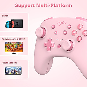 PXN 9607X Wireless Switch Pro Controller, Dual Shock Gamepad Joystick Support NFC, Turbo, Wake-up, Gyro Axis, Vibration Hall Effect Joysticks for Switch/Lite/OLED & PC & iOS (Pink)