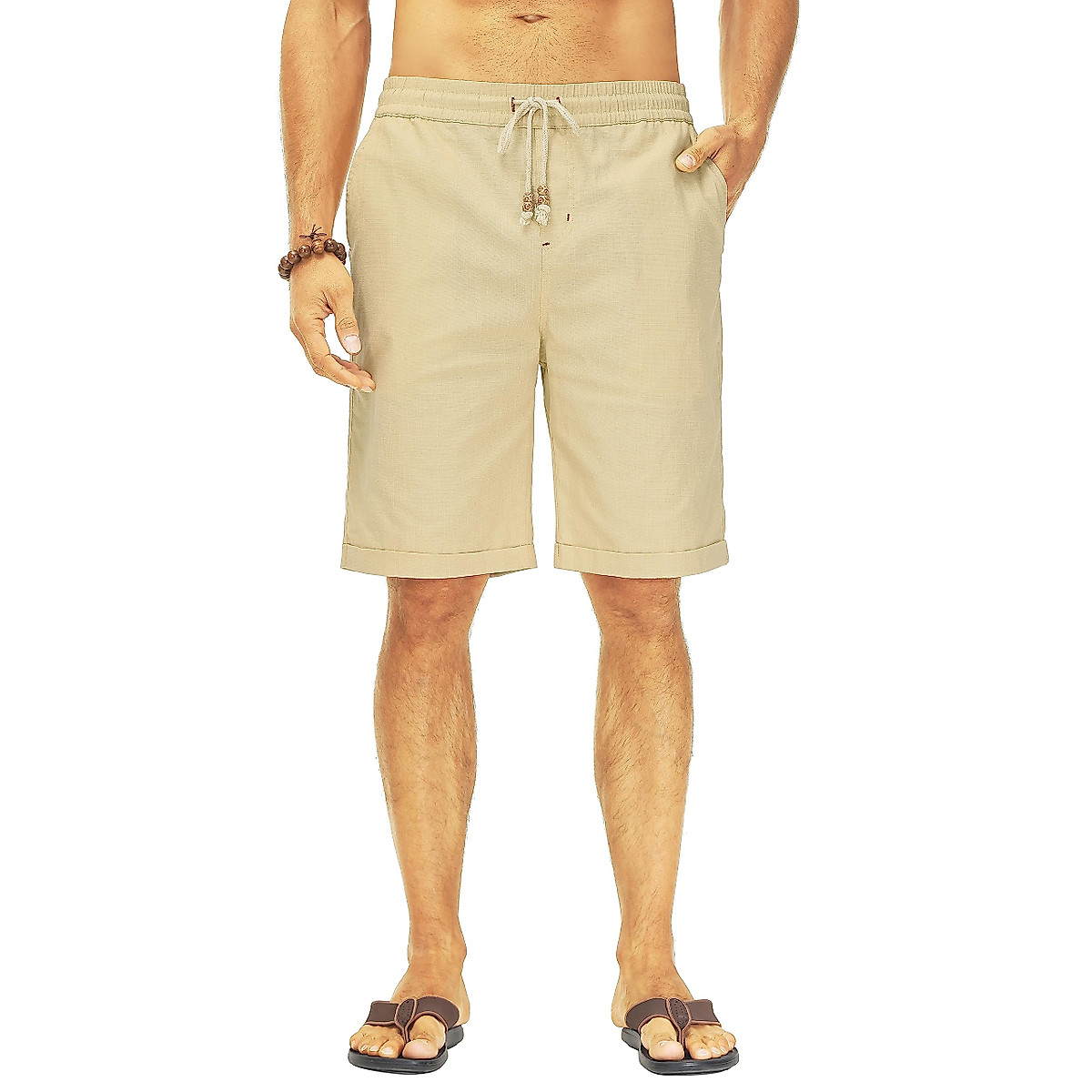 Janmid Men's Linen Shorts Casual Elastic Waist Drawstring Summer Beach Shorts Light Khaki M