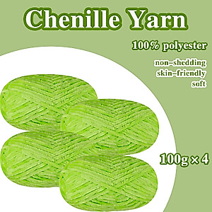 4 PCS 400g Soft Chenille Yarn Velvet Yarn for Crocheting,Fluffy Yarn for Knitting and Crochet DIY Craft,Warm Yarn for Blanket Bag Hat Scarve Clothe Gloves Slippers Doll（Bright Green）