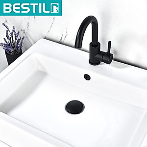BESTILL Bathroom Vessel Sink Drain Stopper, Push Pop Up Drain with Overflow, Matte Black