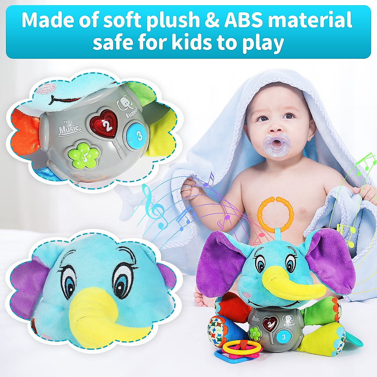 Baby Toddler Boy Girl Toys Gifts 0-6 6 to 12 Months, Luminous Plush Elephant Music Toy, as a Teething Toy, Apply for Car Seats, Cribs and Strollers, Toys Gifts for 1 Year Old Girls Boys