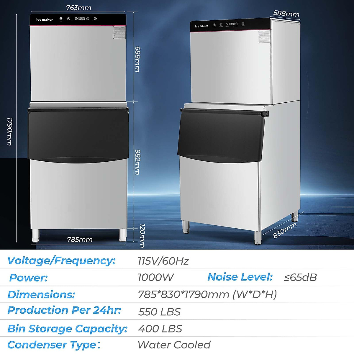 GarveeTech Commercial Ice Maker Machine, 550lbs/24hrs, 330lbs Stainless Steel Storage Bin, Self-Cleaning Feature with LCD Panel, Freestanding Under Counter Ice Maker for Restaurants, Bars, Cafes