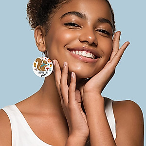 Swono Smiling Squirrel Round Faux Leather Earrings for Women Bright Falling Leaves Acorn Mushroom Pine Cones Autumn Lightweight Double-Side Printed Drop Dangle Earring for Birthday Party Gift