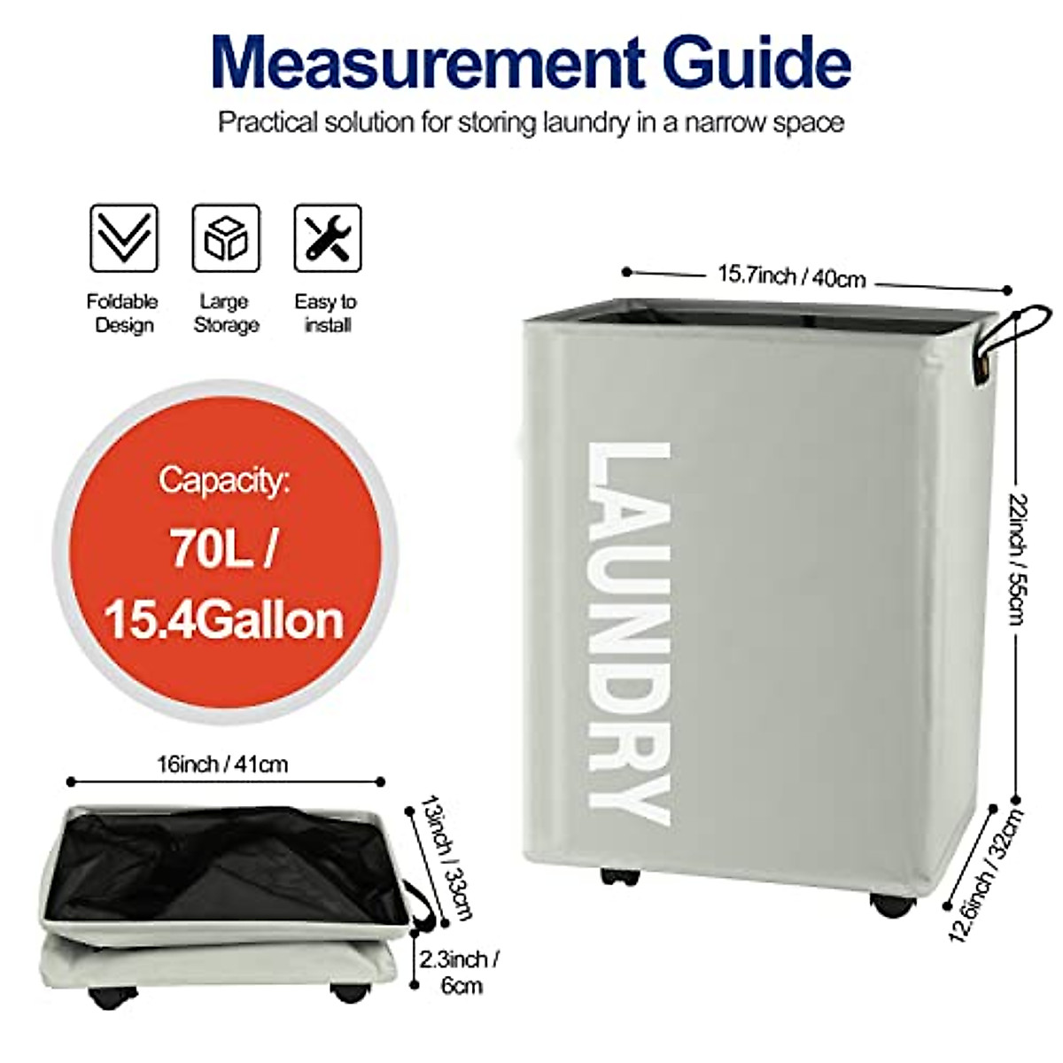 HolaDream Laundry Basket with Wheels, 22" Large Rolling Hamper with Leather Handle 70L, Collapsible Dirty Clothes Foldable Corner Washing Bin Waterproof Storage Organizer