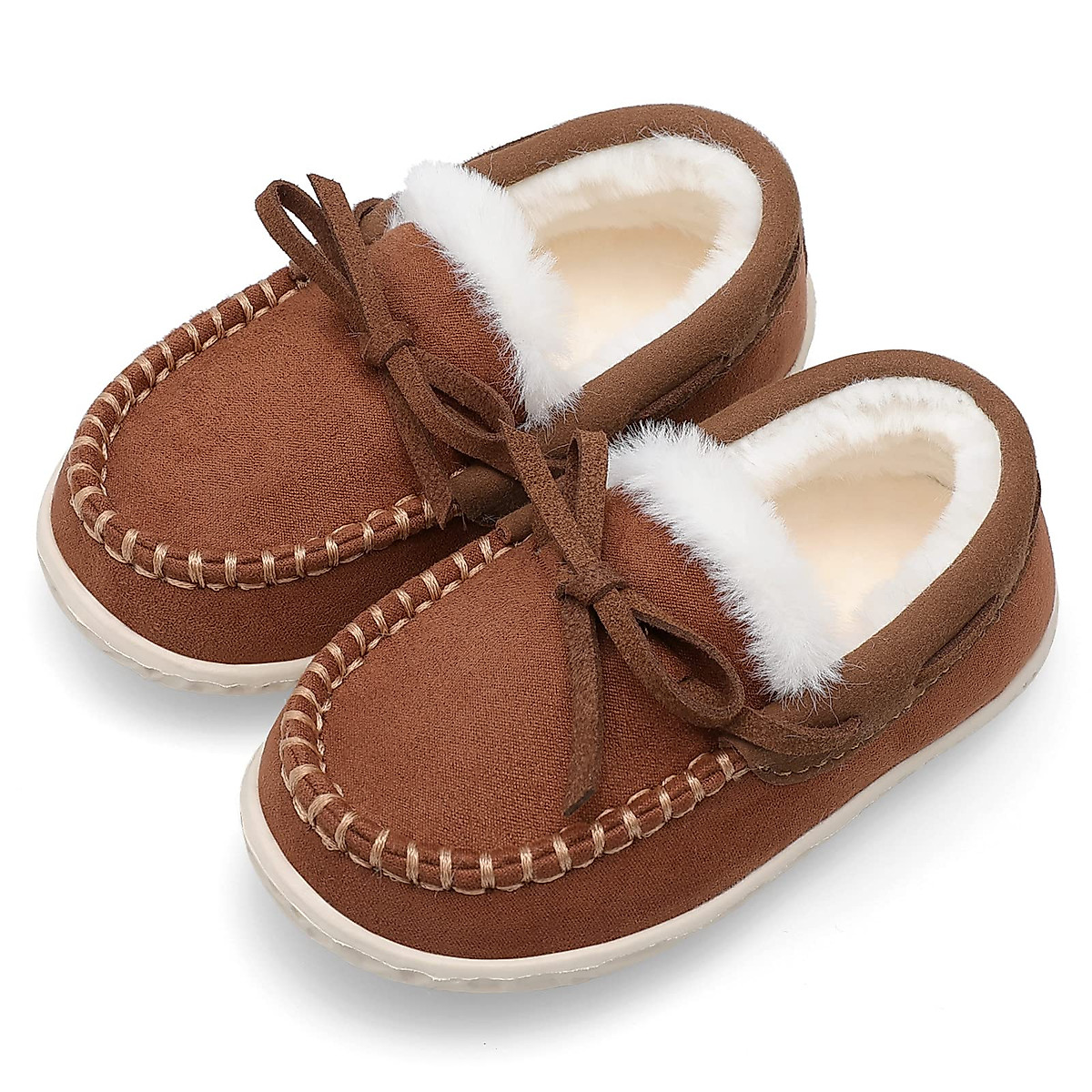 Scurtain Unisex Kids Toddler Slippers Suede Moccasin Slippers for Boys Girls Baby Lined with Warm Fur Slippers for Toddler Girls Solid Brown 8.5 Toddler