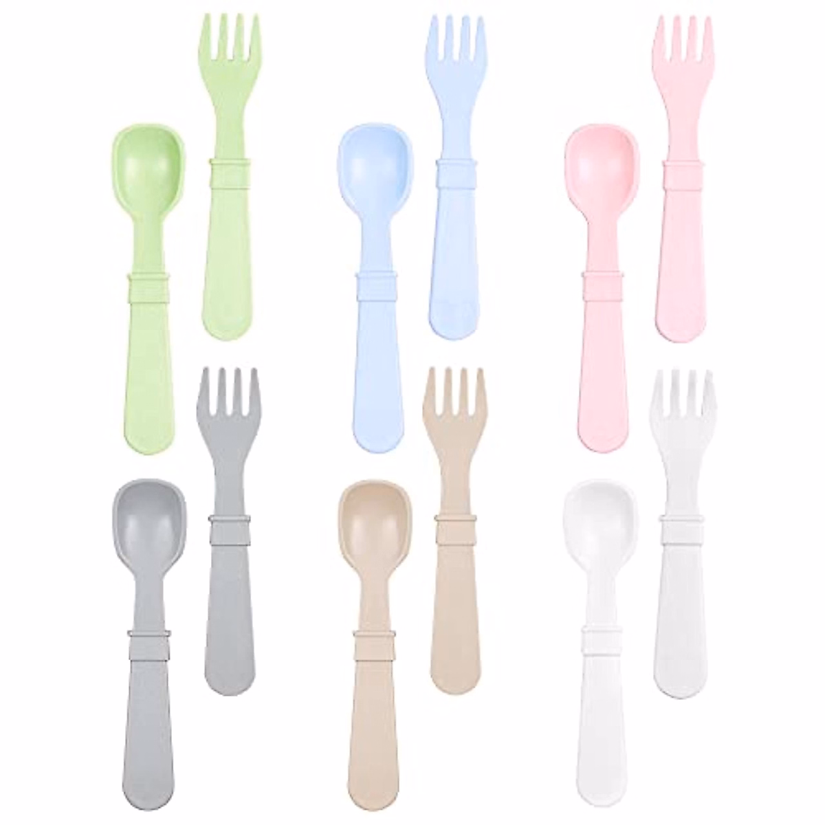 Re-Play Made in USA Toddler Forks and Spoons, Pack of 12 Without Carrying Case - 6 Kids Forks with Rounded Tips and 6 Deep Scoop Toddler Spoons - 0.2" Thick Toddler Utensils, Meadow