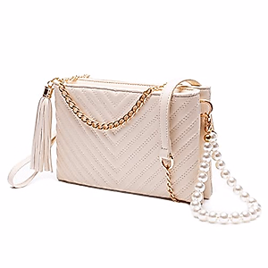 Hupifaz Quilted Crossbody Bag - Double Pouch Clutch Purses for Women, Formal Evening Clutch, Large Wristlet Bag with Pearls (Beige)