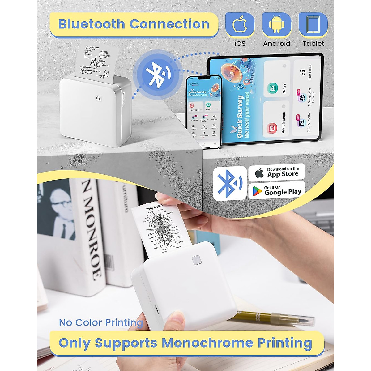 Memoking Photo Sticker Printer Machine - 2" Mini Printer - HD 300dpi Sticker Maker Machine for Pad&Phone - M02 Pro Portable Mini Pocket Thermal Printer White - Inkless Bluetooth Printer for Photos,DIY