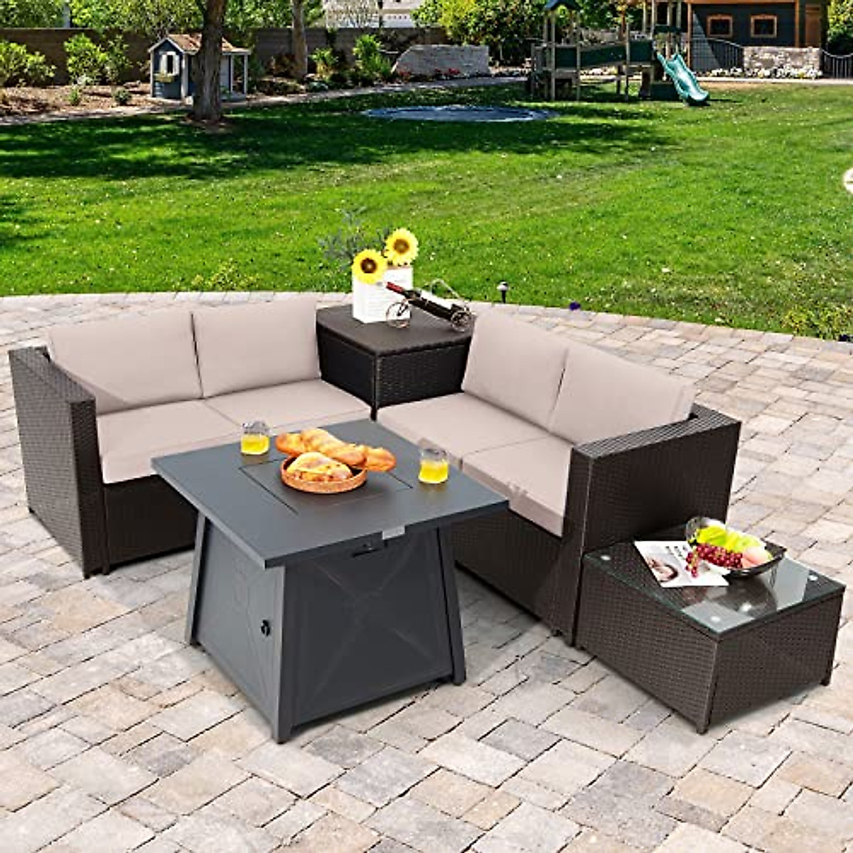 Tangkula 5 Piece Patio Furniture Set with 50,000 BTU Propane Fire Pit Table, Outdoor Wicker Conversation Set w/Cushions, Storage Box and Tempered Glass Coffee Table, 30” Gas Fire Pit Table (Beige)