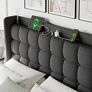 Feonase Queen Bed Frame with Charging Station, Upholstered Platform Bed Frame with Wingback Storage Headboard, No Box Spring Needed, Easy Assembly, Dark Grey