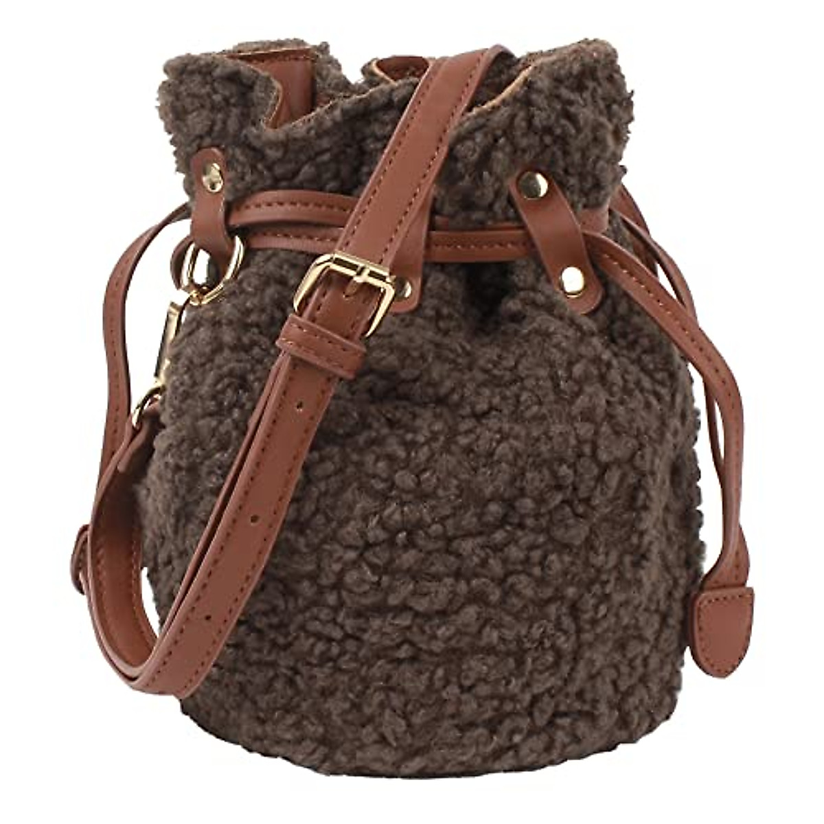 Aisi Women Girls Faux Fur Shoulder Bag Barrel Shape Drawstring Satchel Purse Faux Lamb Wool Crossbody Bag