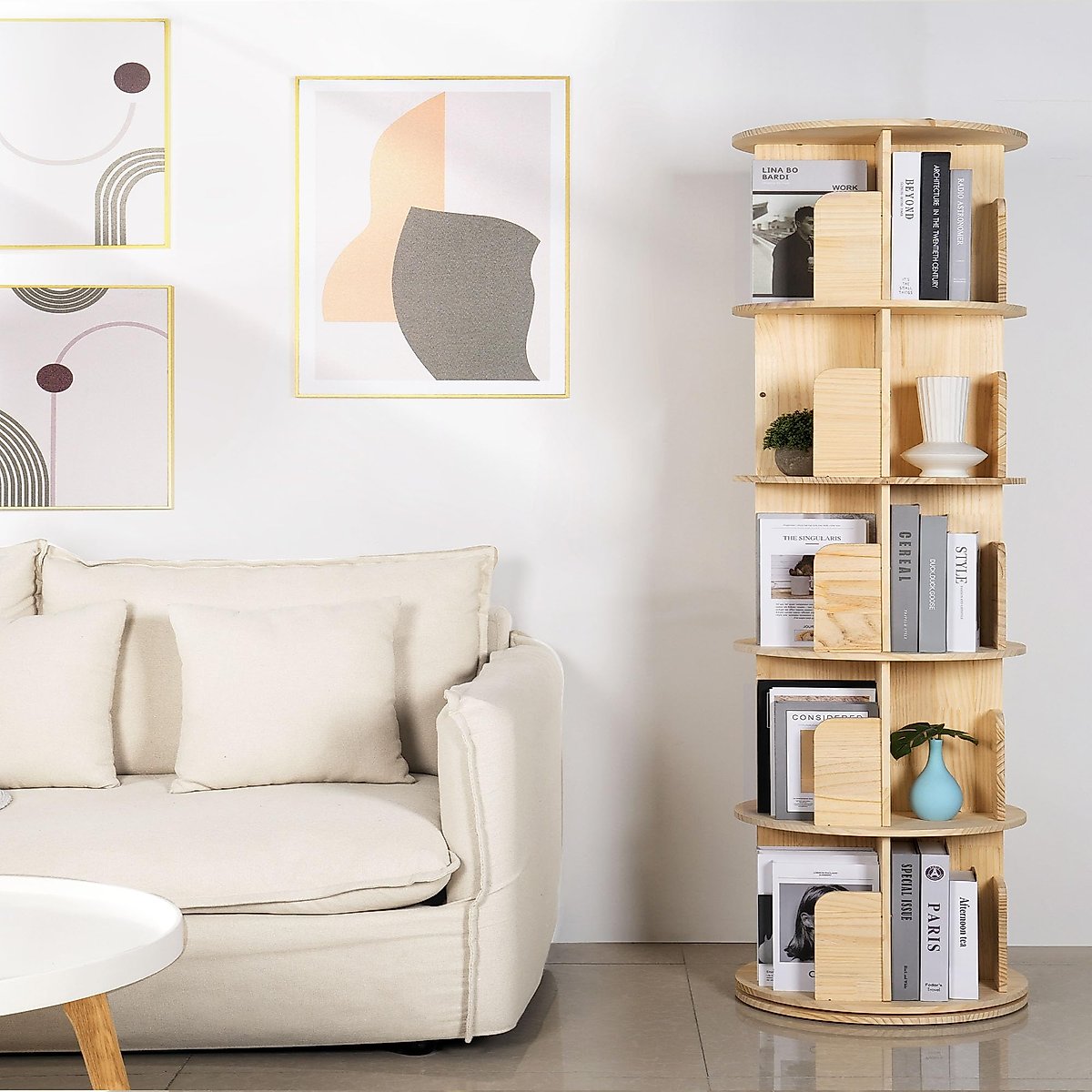 Rotating Bookshelf Tower, 5 Tiers 360 Spinning Bookshelf Revolving Bookcase Solid Wood Corner Bookshelf Organizer Display Bookshelf, 18" Wide, Natural