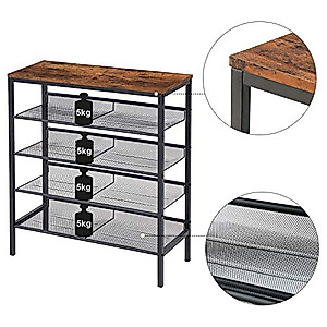 IBUYKE Industrial Shoe Rack, 5-Tier Shoe Organizer with 4 Metal Mesh Shelves, Unit Flat & Slant Adjustable Shoe Storage for 16 Pairs, for Entryway, Hallway, Bedroom, Closet, Rustic Brown, UTMJ083H