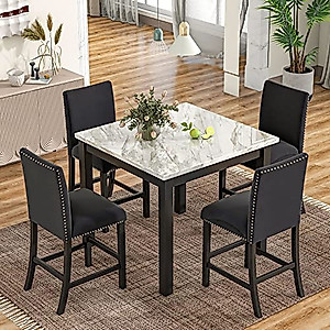 HomSof 42" L x42 Wx36 18.5" Wx23.2 Dx39.8 H 5-Piece Counter Height Set with One Faux Marble Dining Table and Four Upholstered-Seat Chairs, Blue+White 4
