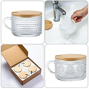 4pcs Set Vintage Coffee Mugs, Overnight Oats Containers with Bamboo Lids and Spoons - 14oz Clear Embossed Glass Cups, Cute Tea Coffee Bar Accessories, Suitable for Juice Beer Glasses, Cola Cups