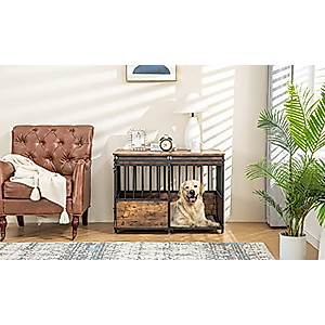 KOOPRO 40 Inch Dog Crate Furniture with Cushion for Large Medium Dogs, Wooden Heavy Duty Dog Kennel with Double Doors, Decorative Pet House Dog Cage Side End Table Indoor, Sliding Door Chew-Resistant