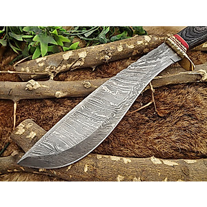 Damascus Steel Hunting Bowie Knife 14.5 Inches Custom Made Hand Forged with 10" Blade, 2 Tone Green Wood with Engraved Brass Scale, Thick Cow Hide Leather Sheath with Belt Loop (Black)