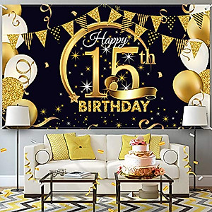 15th Birthday Party Decoration, Extra Large Fabric Black Gold Sign Poster for 15th Anniversary Photo Booth Backdrop Background Banner, 15th Birthday Party Supplies, 72.8 x 43.3 Inch