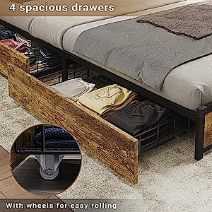 ADORNEVE King Size Bed Frame with Drawers, LED Bed Frame with 2 Tier Storage Headboard and LED Lights, Metal King Platform Bed with Charging Station, Double-Row Support Bars, Noise-Free, Vintage Brown