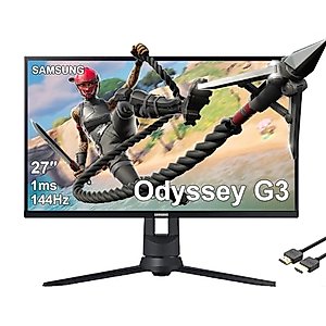 SAMSUNG Odyssey G3 Series 27-inch FHD 1080p Gaming Monitor, 144Hz, 1ms, Height Adjustable Stand, 3-Sided Border-Less, FreeSync Premium, with MTC HDMI Cable
