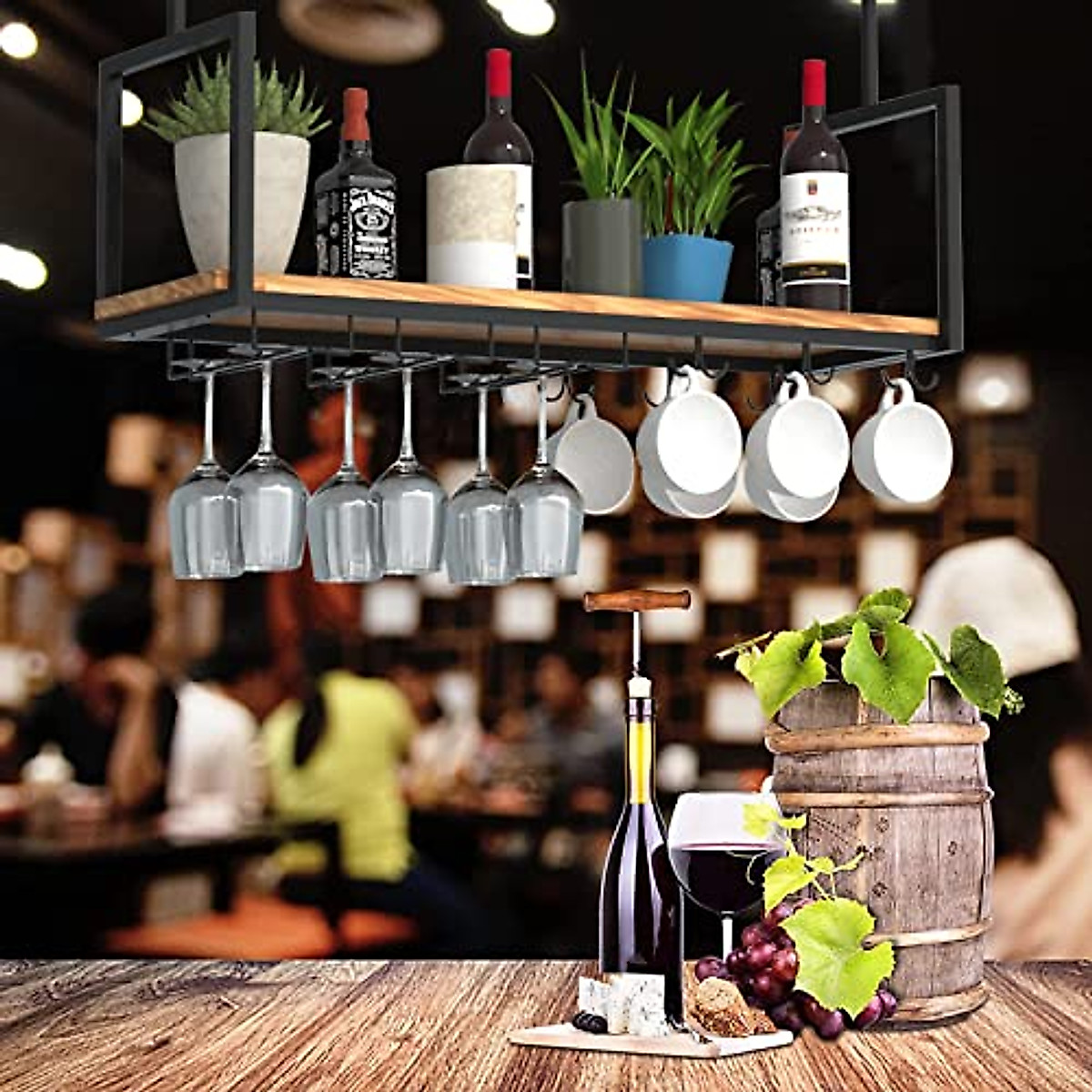 SPTZQURY Ceiling Wine Glass Rack - 31.4 inch Metal Wine Rack with 2 Kinds Glass Holder, Hanging Stemware Goblet Wine Glass Holder Perfect for Bar Cafe Kitchen Restaurant, Display Stand Black