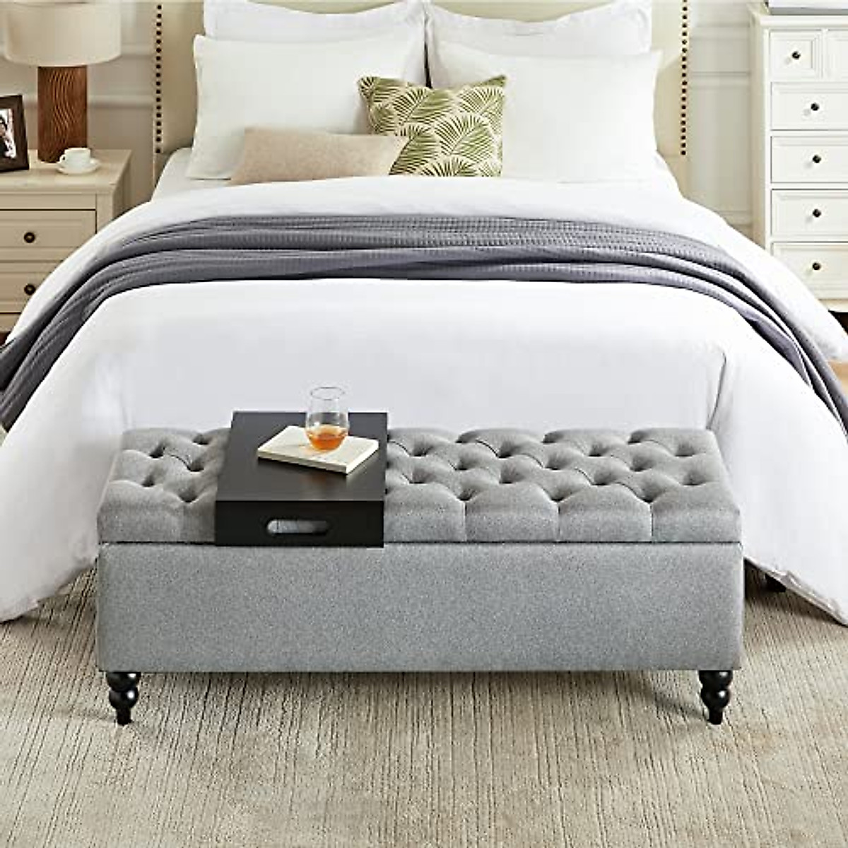 Busaurus Storage Ottoman Bench 50.2 Inches, Upholstered End of Bed Ottoman Bench with Storage and Seating, Large Blanket Storage Bench for Foot Rest in Bedroom, Living Room, Entryway (Grey with Tray)