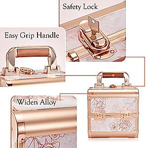 Costravio Makeup Box Cosmetic Train Case with Mirror Travel Organizer Cosmetic Jewelry Storage Box with 2-Tier Tackle Trays Portable Lockable Makeup Organizer Box - Marble Rose Gold Style