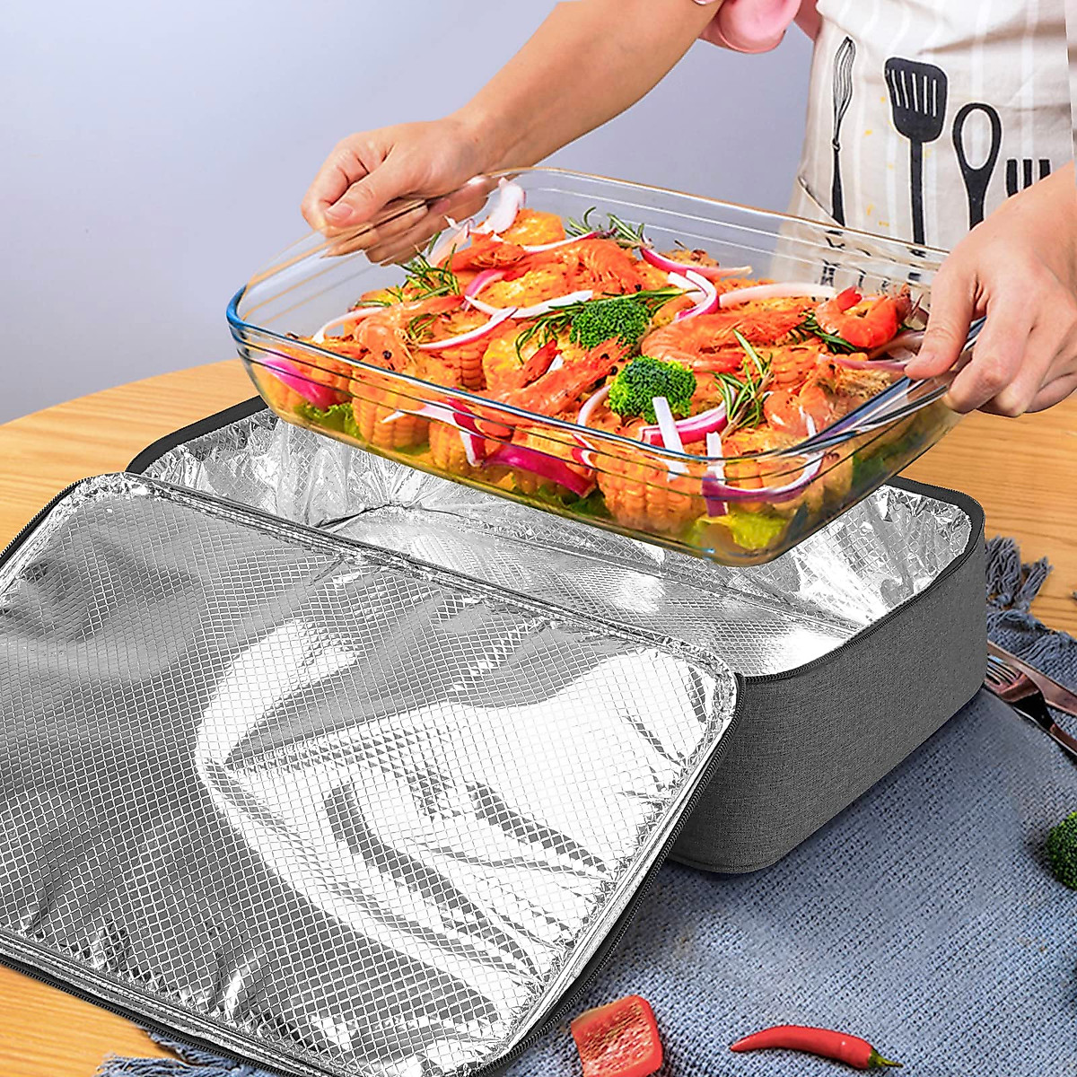 PFFVRP Insulated Casserole Carrier for Hot or Cold Food, Reusable Insulated Food Carrier for Potluck Parties, Picnic, Cookouts, Fits 11 x 15 or 9 x 13 Lasagna Pan, Casserole Dish, Baking Dish（Gray）