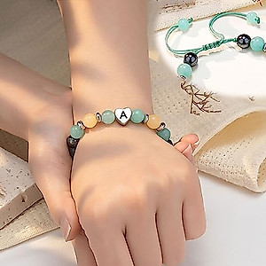 UNGENT THEM Initial Charm Natural Stone Bracelet for Granddaughter Niece, Birthday Valentines' day Christmas Gifts for Girls, Nylon, Cubic Zirconia