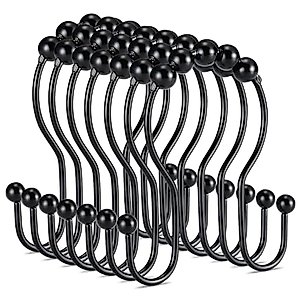 Shower Curtain Hooks, Goowin Shower Curtain Rings, Black Shower Curtain Hooks Rust Proof, Smooth Glide Metal Shower Curtain Rings, Double Shower Hooks for Shower Curtain & Liner, 12 Pack (Black)