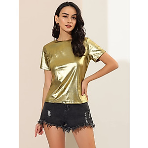 Allegra K Women's Party Metallic Textured Short Sleeve Shiny Multicolor Top Medium Gold