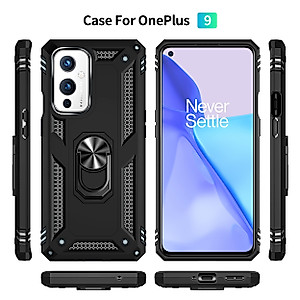 Dionsibei Military Grade Drop Impact for Oneplus 9 Case Oneplus 9 5G Case 360 Metal Rotating Ring Kickstand Holder Armor Heavy Duty Shockproof Case for Oneplus 9 Phone Case (Black)