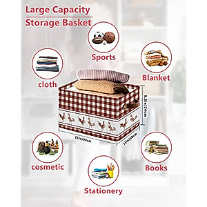 Farmhouse Rooster Storage Bins 1 Pack, Large Waterproof Storage Baskets for Shelves Closet, Rustic Farm Animals Red White Plaid Storage Basket Foldable Storage Box Cube Storage Organizer with Handles