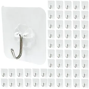 Moicstiy Adhesive Hooks Heavy Duty Self Adhesive Wall Hooks Transparent Waterproof Reusable Seamless Sticky Hooks for Kitchens, Bathroom, Office(60 Pcs)