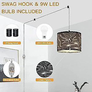 CINSARY Plug in Pendant Light, Hanging Light with Plug in Cord with Dimmable Switch, Hanging Lamp with 15 ft Clear Cord, Black Pendant Light Fixture for Bedroom Kitchen Living Room