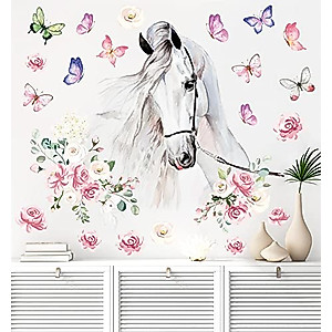 White Horses Wall Decals Farm Animal Decals Peel and Stick Wild Horse Wall Decor Butterfly Flowers Wall Stickers Horses Wall Art Mural for Living Room Kids Bedroom Nursery Farmhouse Office Decor Gift