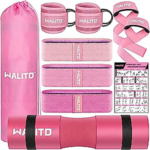 WALITO 10Pcs Barbell Pad Set for Hip Thrust - Squat Pad for Barbell Lunges, Bench Press, with 2 Gym Ankle Straps, 3 Resistance Bands for Working Out, 2 Lifting Strap, Workout Poster, Carry Bag