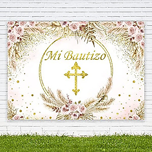 Riyidecor Mi Bautizo Baptism First Holy Communion Backdrop for Girl God Bless Christening 7Wx5H Polyester Fabric Boho Pink Pampas Grass Floral Newborn Party Background Baby Shower Decor Banner