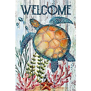 Texupday Welcome Turtle Tropical Ocean Garden Flag Rustic Coastal Summer Beach Yard Flag 12" x 18"