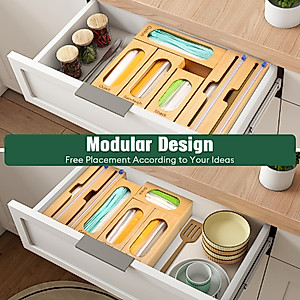 Openable Bamboo Ziplock Bag Storage Organizer & Foil and Plastic Wrap Organizer, Plastic Wrap Dispenser with Cutter and Ziplock Bag Organizer for Kitchen Drawer, 5 Baggie Organizer for Gallon,Quart,Sandwich,Snack