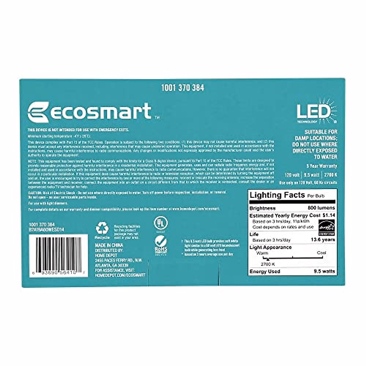 EcoSmart 60W Equivalent Soft White A19 Energy Star and Dimmable LED Light Bulb (4-Pack)