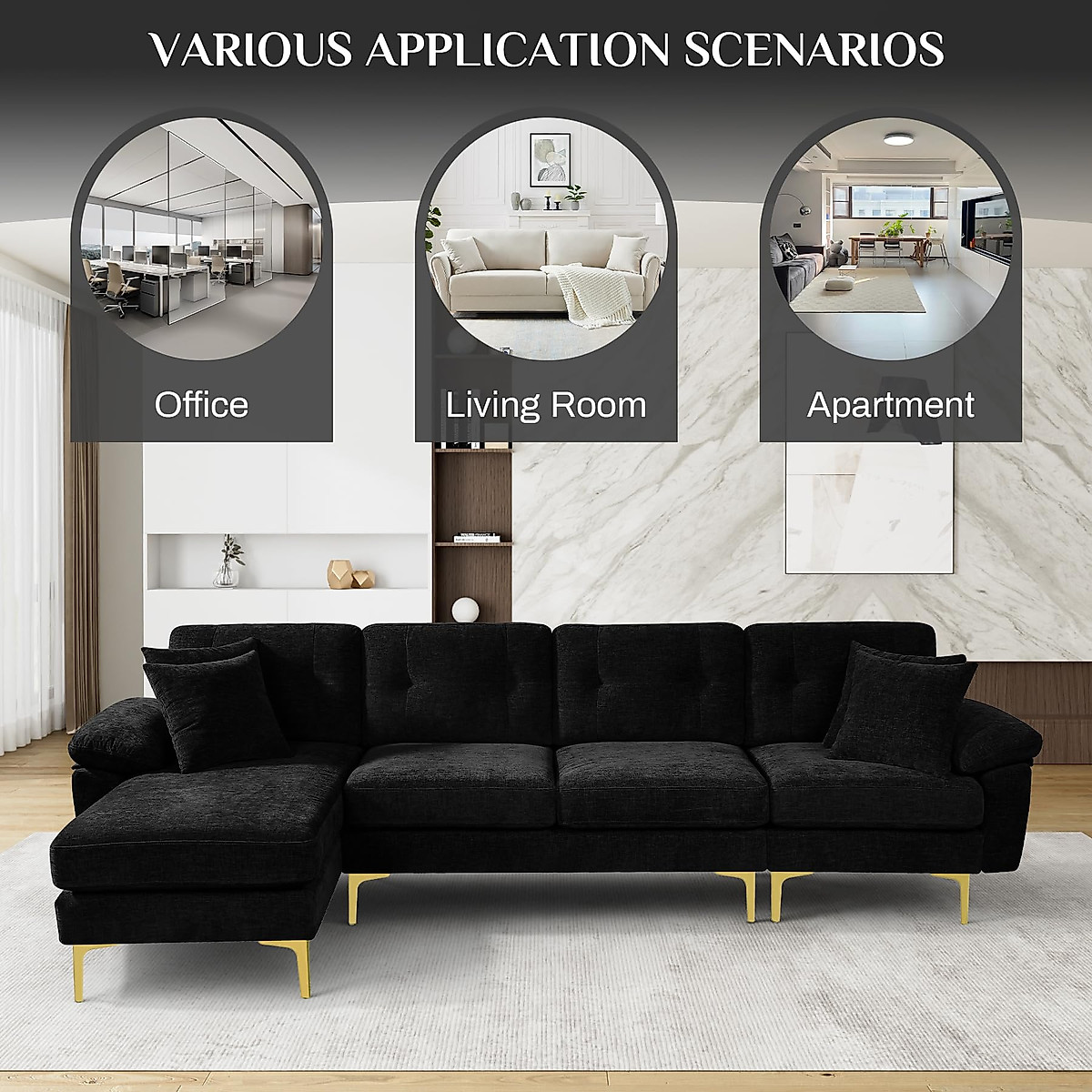 DAMAIFROM U-Shaped Sectional Sofa Couch, 114" Convertible L-Shaped Sectional Sofa with Chaise Lounge, Ottoman and Pillows, Modern Chenille 4 Seat Sofa Couch Set for Living Room (Black)