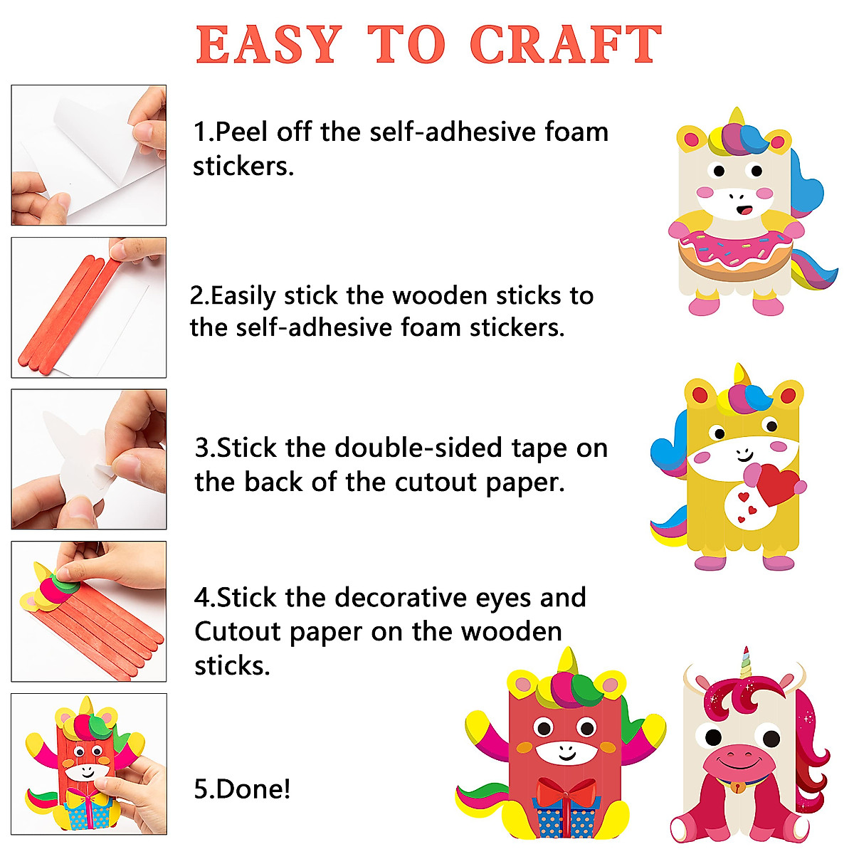 Xqumoi 28Pcs Valentine's Day Unicorn Wooden Sticks DIY Crafts Kit Exchange Gift with Creative Gift Cards Art Craft Ornament with Googly Wiggle Eyes Handmade Projects Party Decorations Favors for Kids