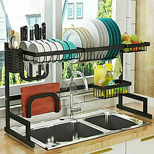 Generic VcJta Over Sink Dish Drying Rack 2 Tier Stainless Steel Cutlery Drainer Kitchen Shelf Organizer Space Saver, Black, E224284527486