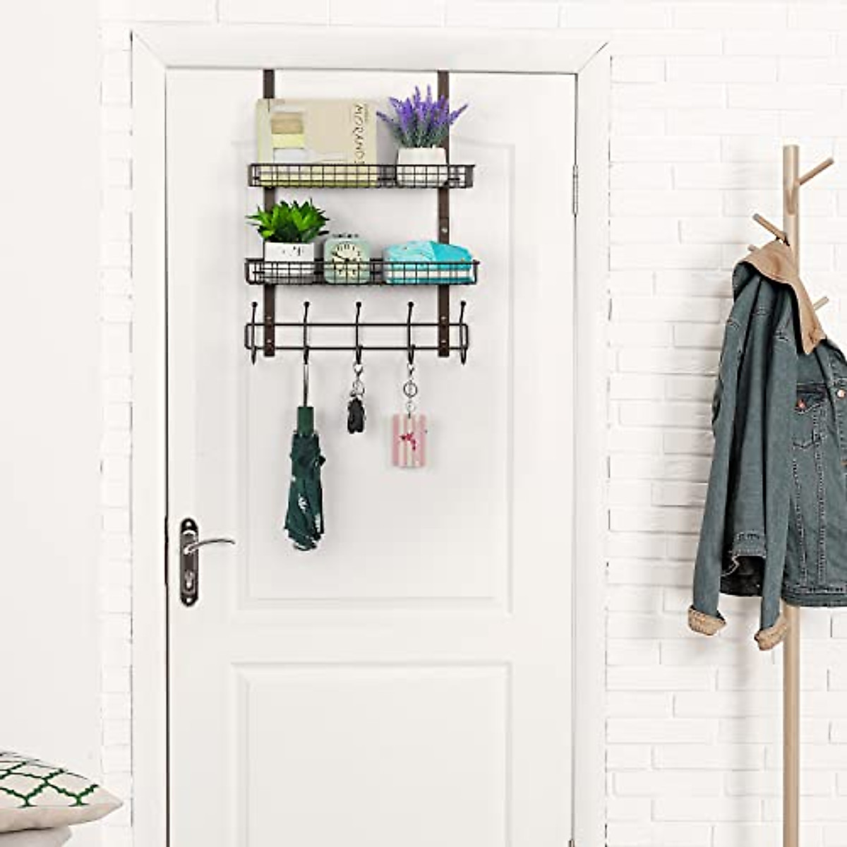 OYEAL Over The Door Hook Rack with 5 Hooks 2 Baskets Steel, Sturdy Durable Coat Rack Towel Hooks Hanging Organizer Shelves for Home Bedroom Bathroom Kitchen, Brown