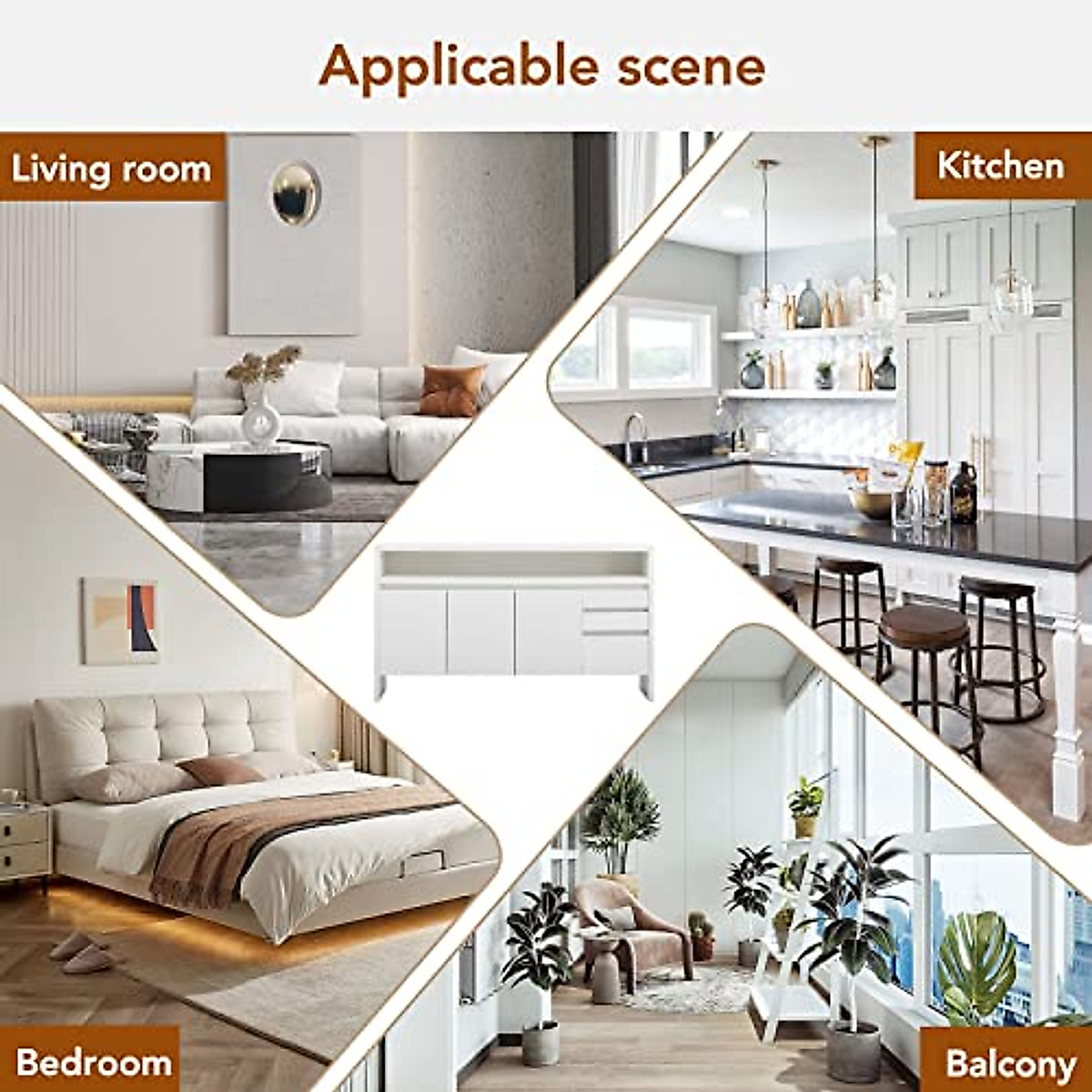 Modern Sideboard Buffet Server Storage Cabinet, Cupboard Console Table with Double-Storey Tabletop Wood Buffet Cabinet with Two Cabinets and Three Drawers for Living Room Kitchen Dining Room, White